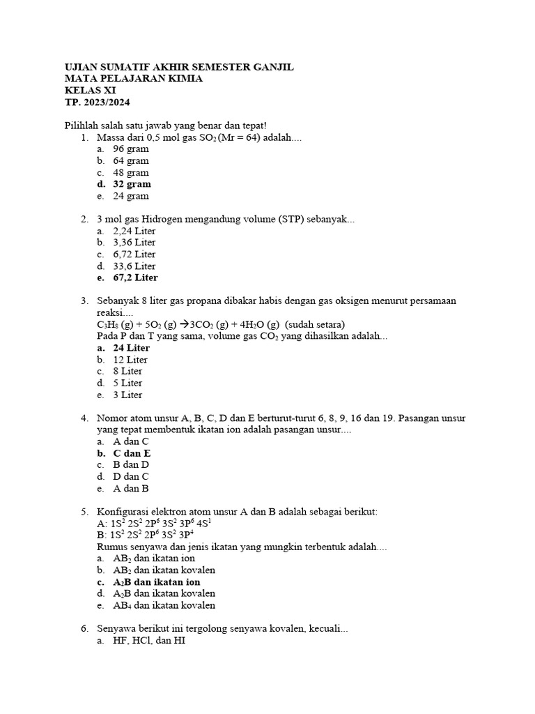 Soal Sumatif Akhir Kelas Xi Sem 1 TP 2023-2024 Kimia | PDF