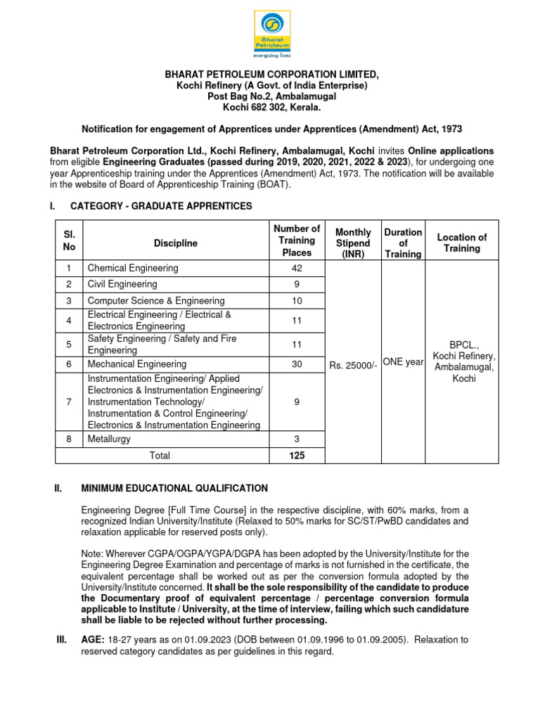 BPCL Recruitment 2023 For 125 Apprentice Posts Kochi | PDF | Apprenticeship | Engineering