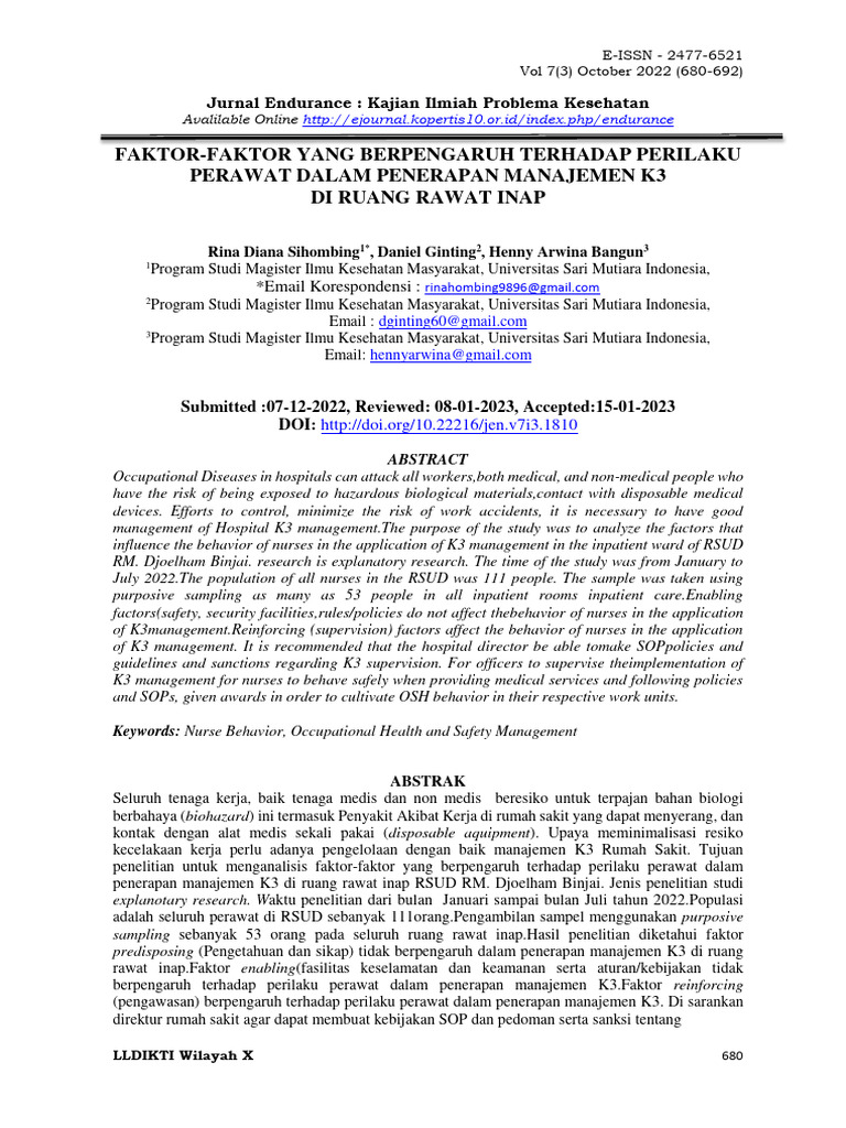 Faktor-Faktor Yang Berpengaruh Terhadap Perilaku Perawat Dalam Penerapan Manajemen K3 Di Ruang ...