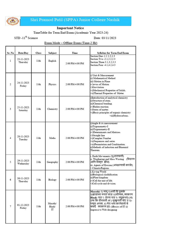 11th Sci Term End Time Table 2023-24-1 | PDF | Chemistry | Physics
