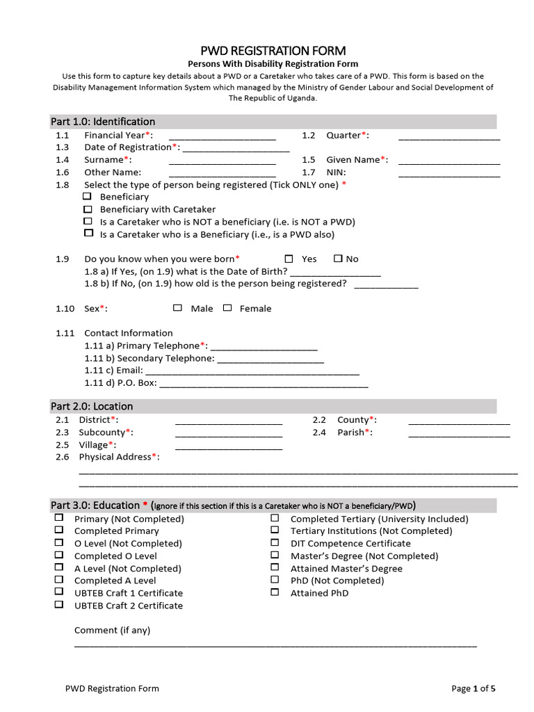 PWD Registration Form: Part 1.0: Identification | PDF | Disability ...