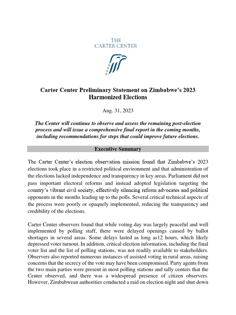 Zimbabwe Preliminary Election Statement 2023 | PDF | Elections | Voting