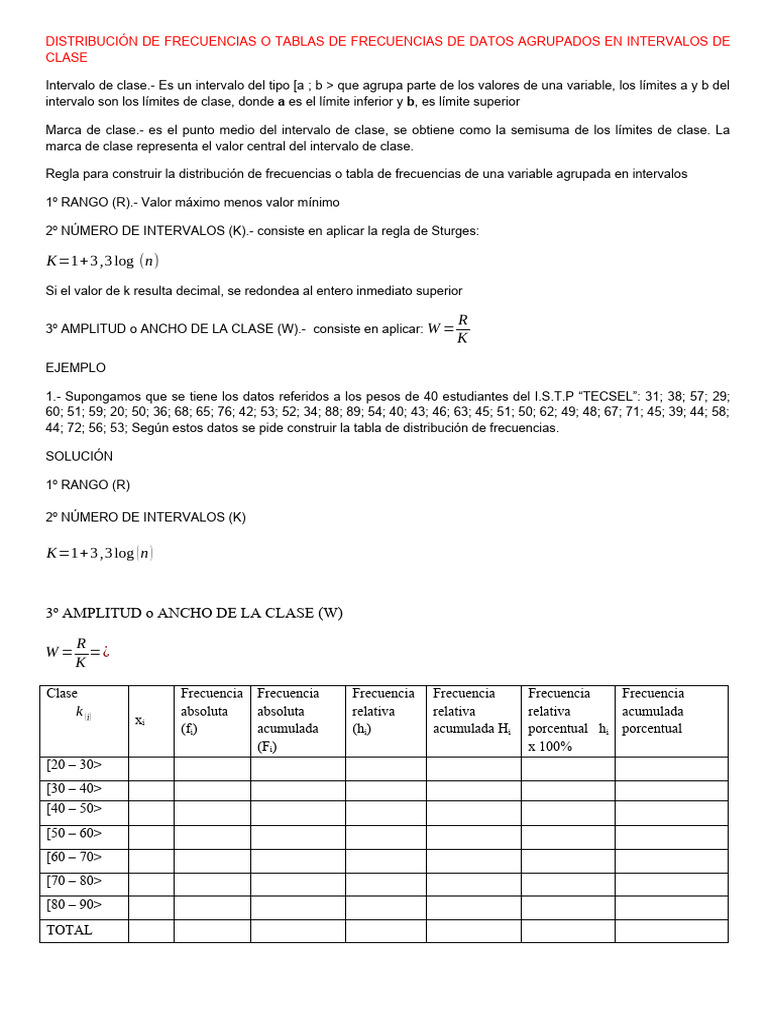 Distribución de Frecuencias o Tablas de Frecuencias de Datos Agrupados en Intervalos de Clase ...