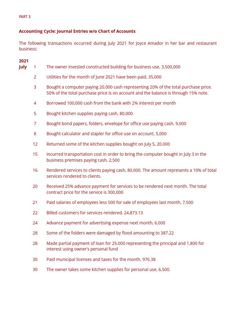 Accounting Cycle Journal Entries Without Chart of Accounts Case III | PDF