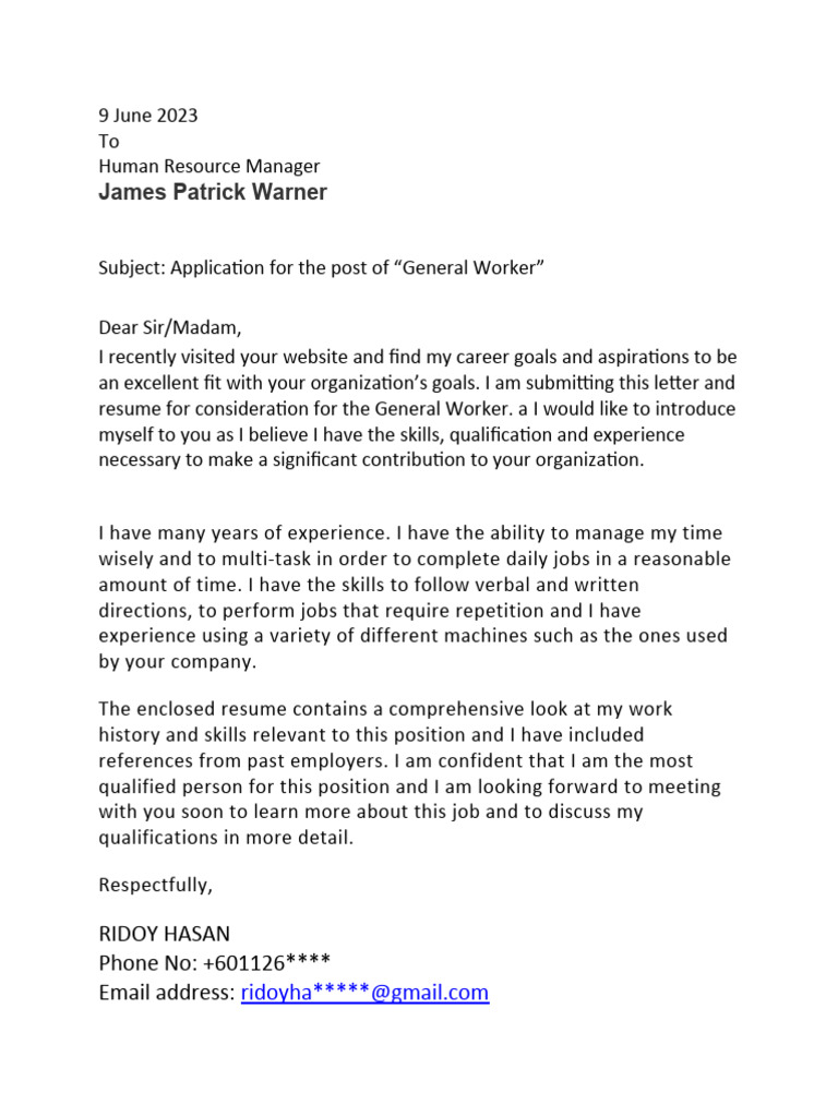 General Worker Application Letter | PDF | Career & Growth