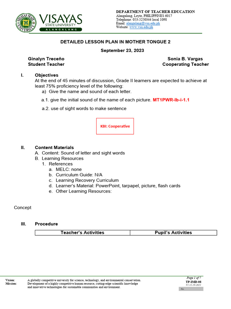 LESSON PLAN IN MTB-09-25-23-GINALYN | PDF | Teachers | Lesson Plan
