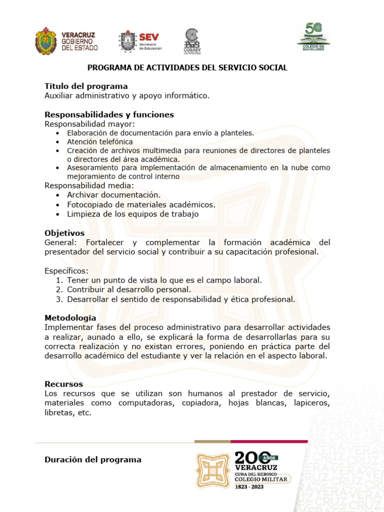 Programa de Actividades Servicio Social | PDF