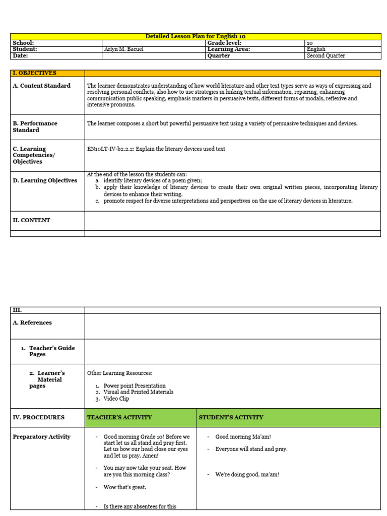 Grade 10 Literary Devices Lesson Plan | PDF | Metaphor | Learning