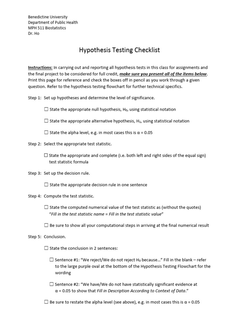 Hypothesis Testing Checklist v0.2 2017 02 03 | PDF
