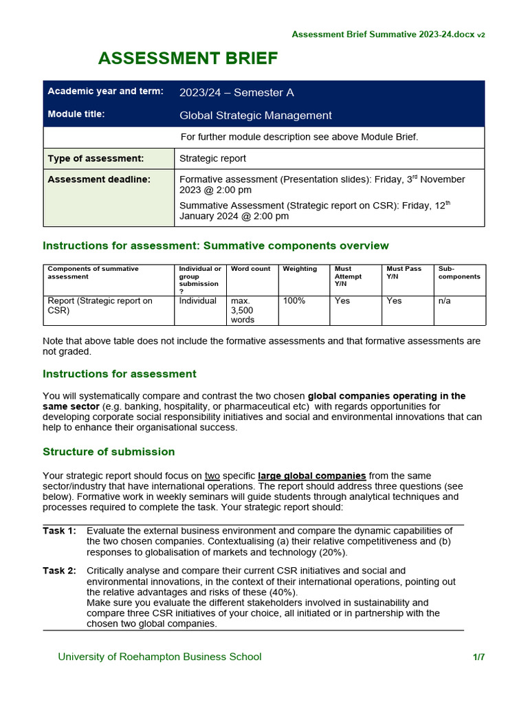 Summative Assessment GSM Brief - 2023-2024 Updated v2 12.1.24 | PDF | Corporate Social ...