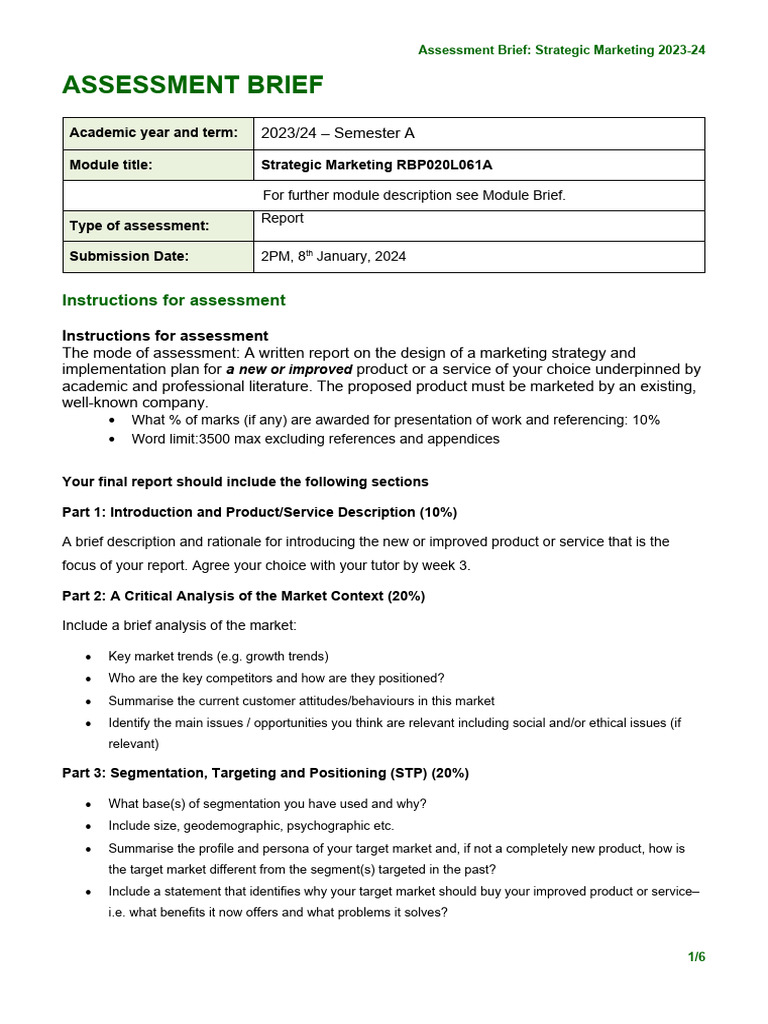 Summative Assessment Brief Strategic Marketing 2023-24 F3.0 | PDF | Marketing | Marketing Strategy