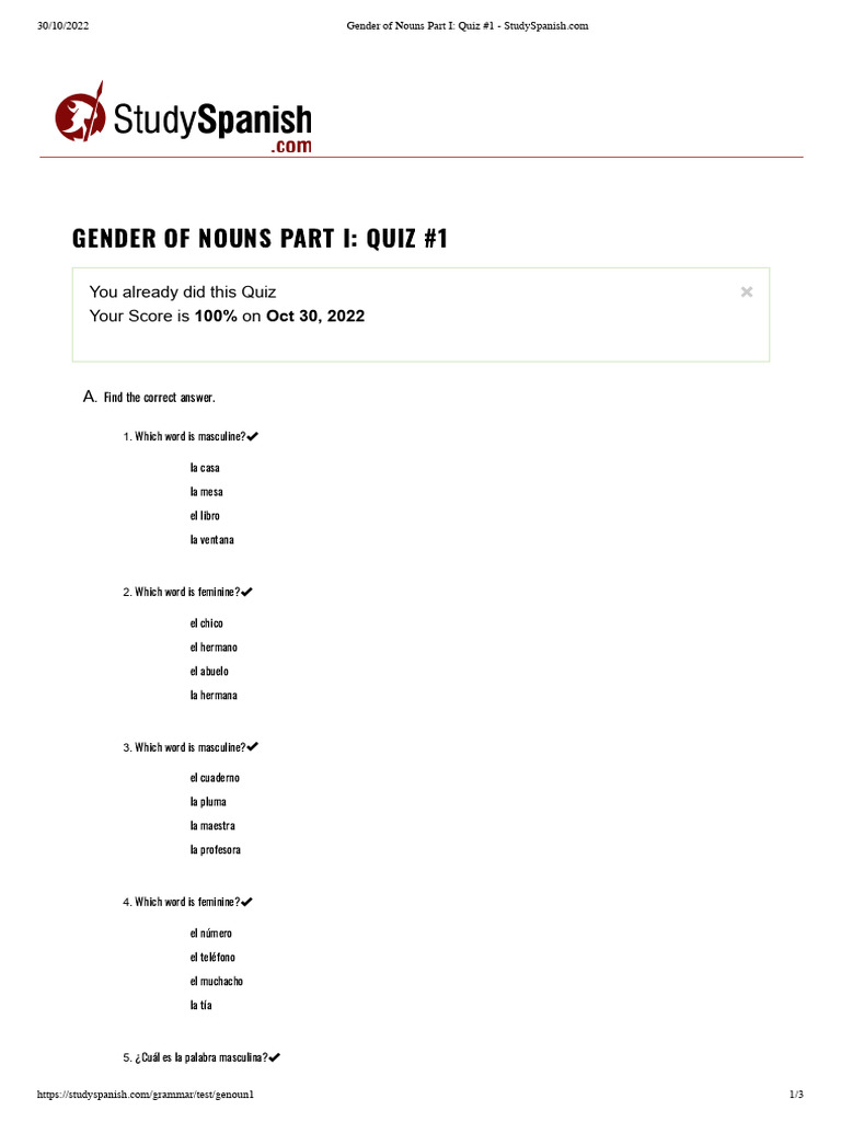 Gender of Nouns Part I - Quiz #1 | PDF | Grammatical Gender | Morphology