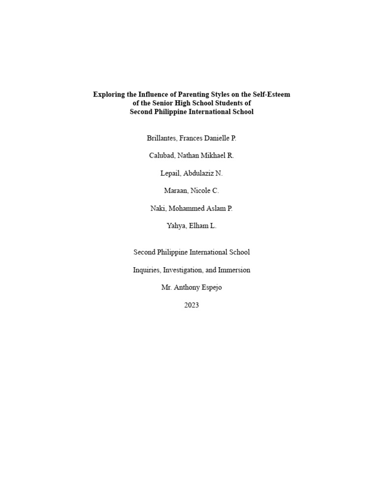 Exploring The Influence of Parenting Styles On The Self Esteem of The ...