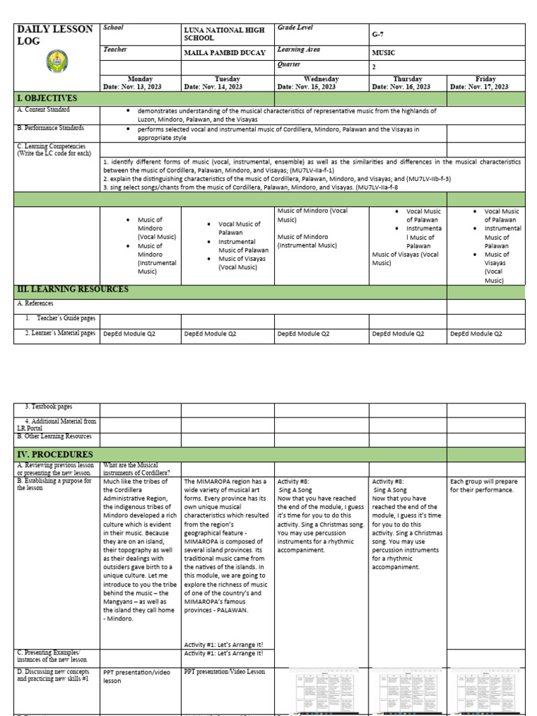 G7 Music Lesson Plan: Luzon to Visayas | PDF | Behavior Modification ...