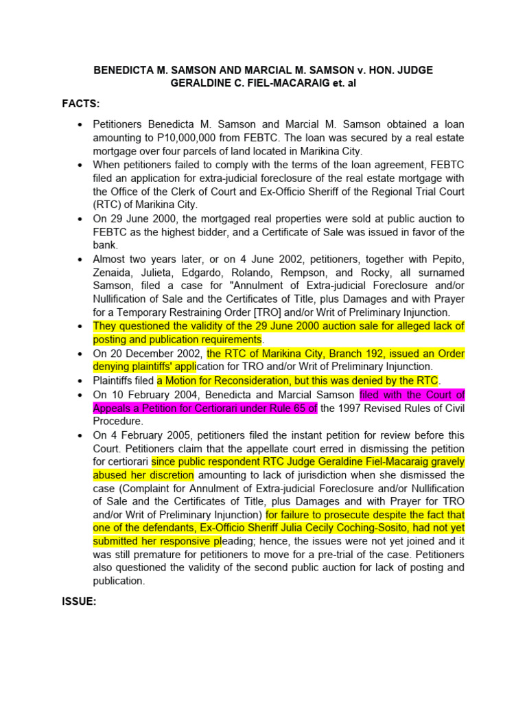 Benedicta M. Samson and Marcial Samson vs. Judge Geraldine Macaraig | PDF | Certiorari | Appeal