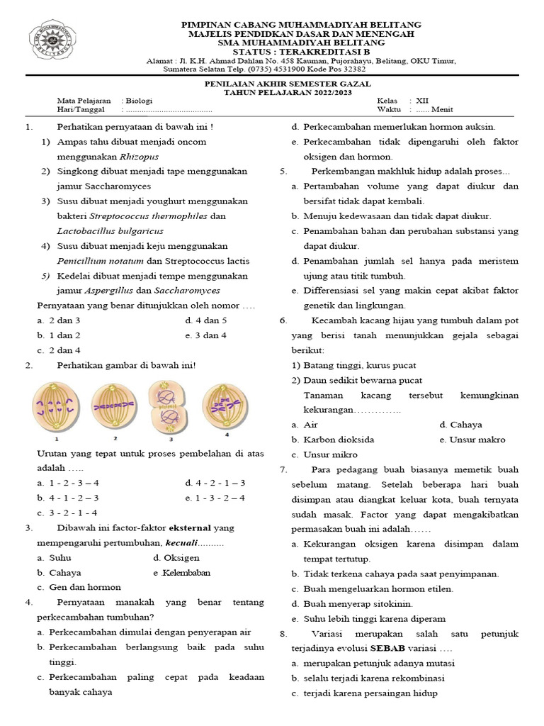 Soal Biologi Kelas XII Semester Ganjil | PDF