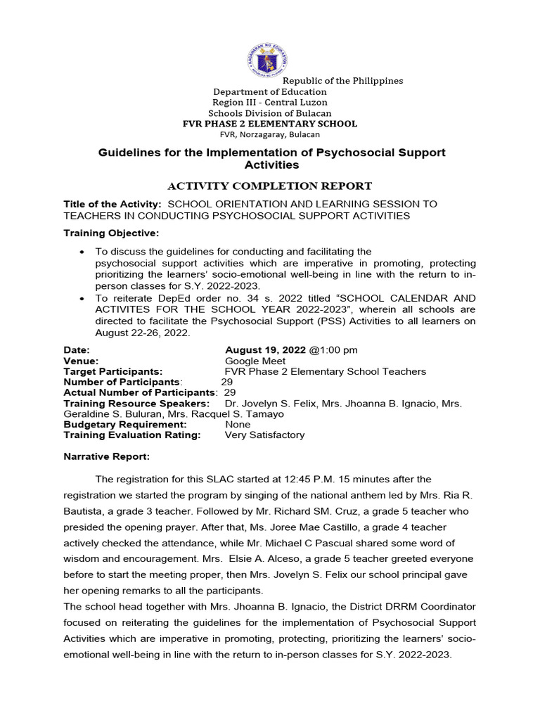 School Orientation and Learning Session To Teachers in Conducting Psychosocial Support ...