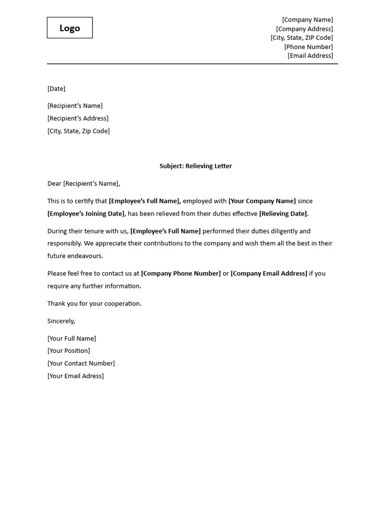 Relieving Letter Format in Word | PDF