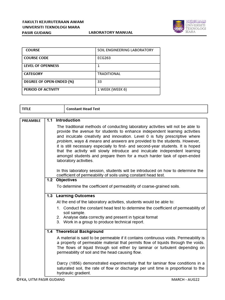 LAB 5 - 6 - CONSTANT HEAD (Level 1) - FALLING HEAD (Level 1) | PDF ...