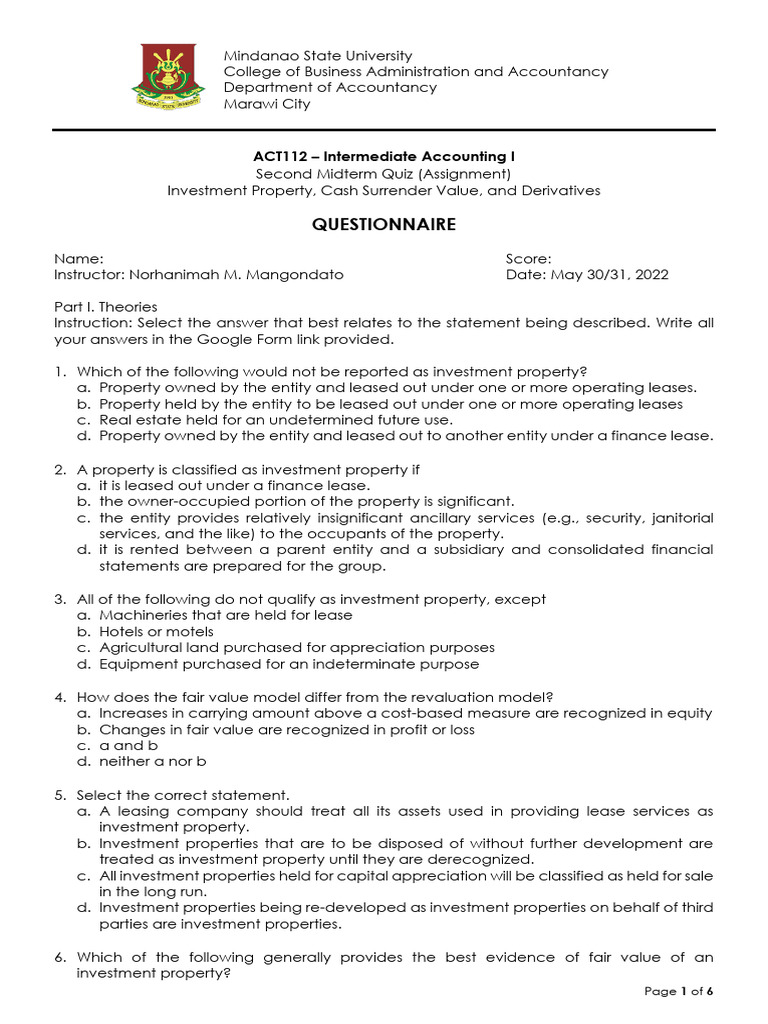 2nd Midterm Quiz Assignment Questionnaire | PDF | Derivative (Finance) | Option (Finance)