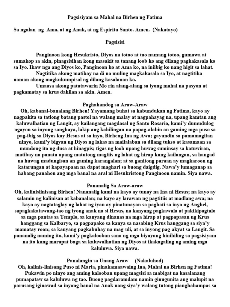 Pagsisiyam Sa Mahal Na Birhen NG Fatima | PDF