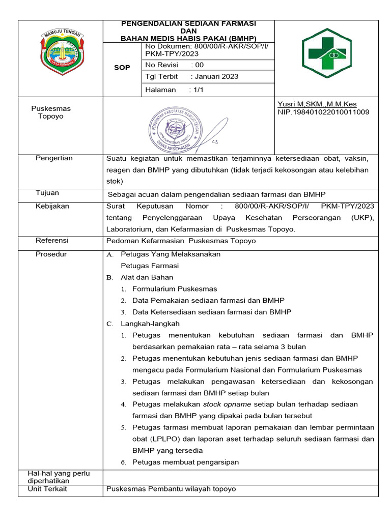 Contoh SOP PENGENDALIAN SEDIAAN FARMASI DAN BMHP UKP MW | PDF