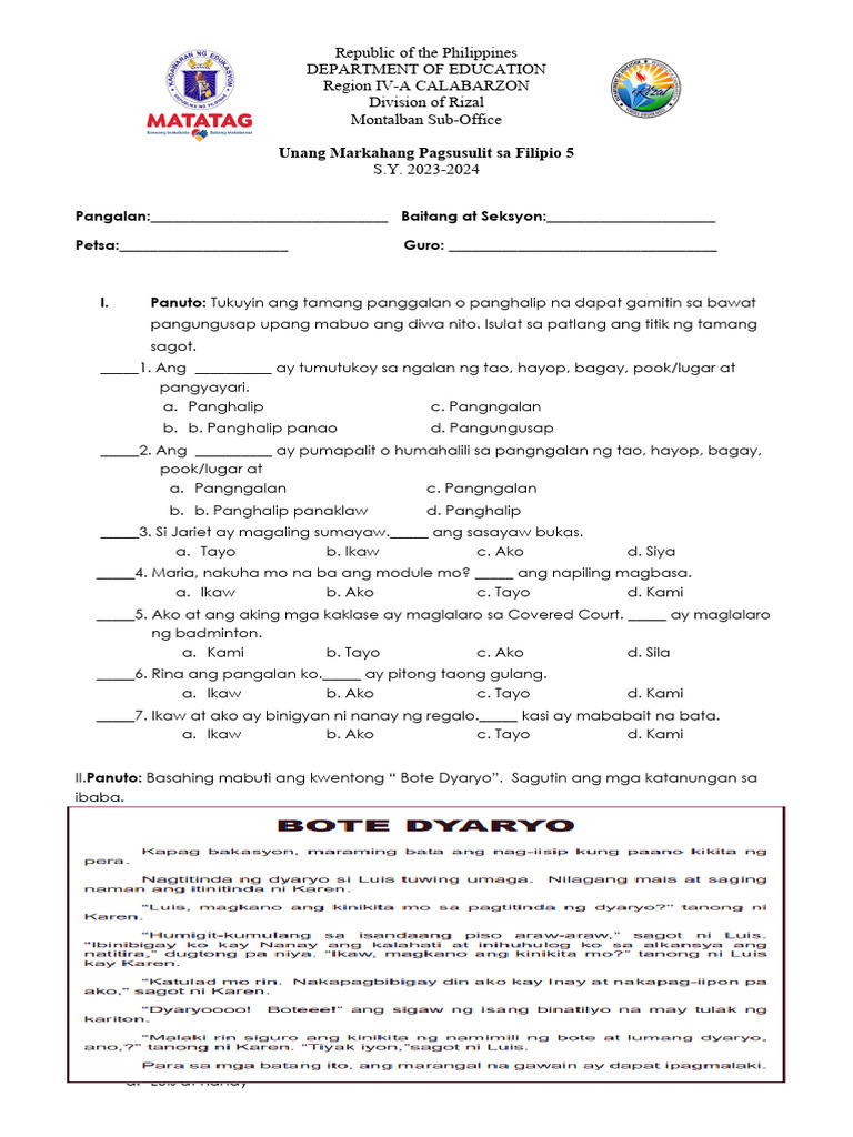 Filipino 5 - 1ST Periodical Test | PDF