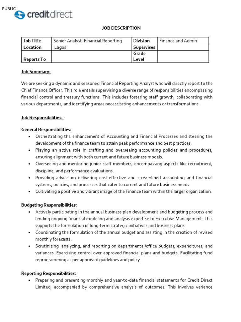 Senior Financial Analyst Job Overview | PDF | Audit | Financial Analyst