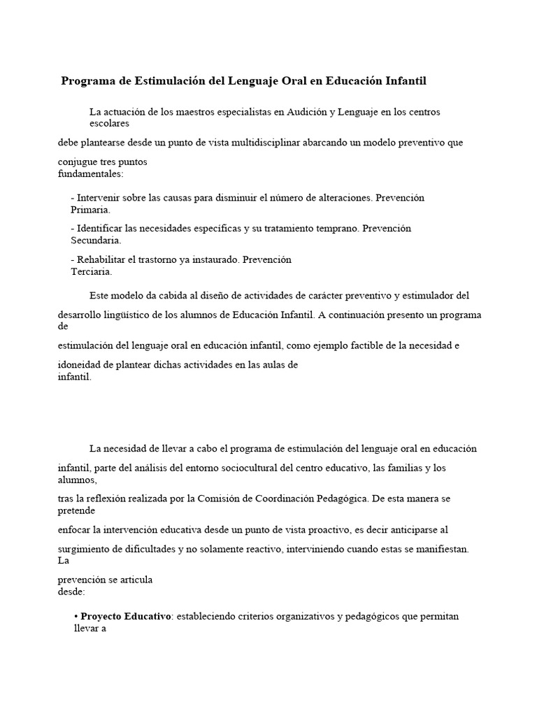 Programa de EstimulaciÃ N Del Lenguaje Oral en EducaciÃ N Infantil | PDF | Educación de la ...