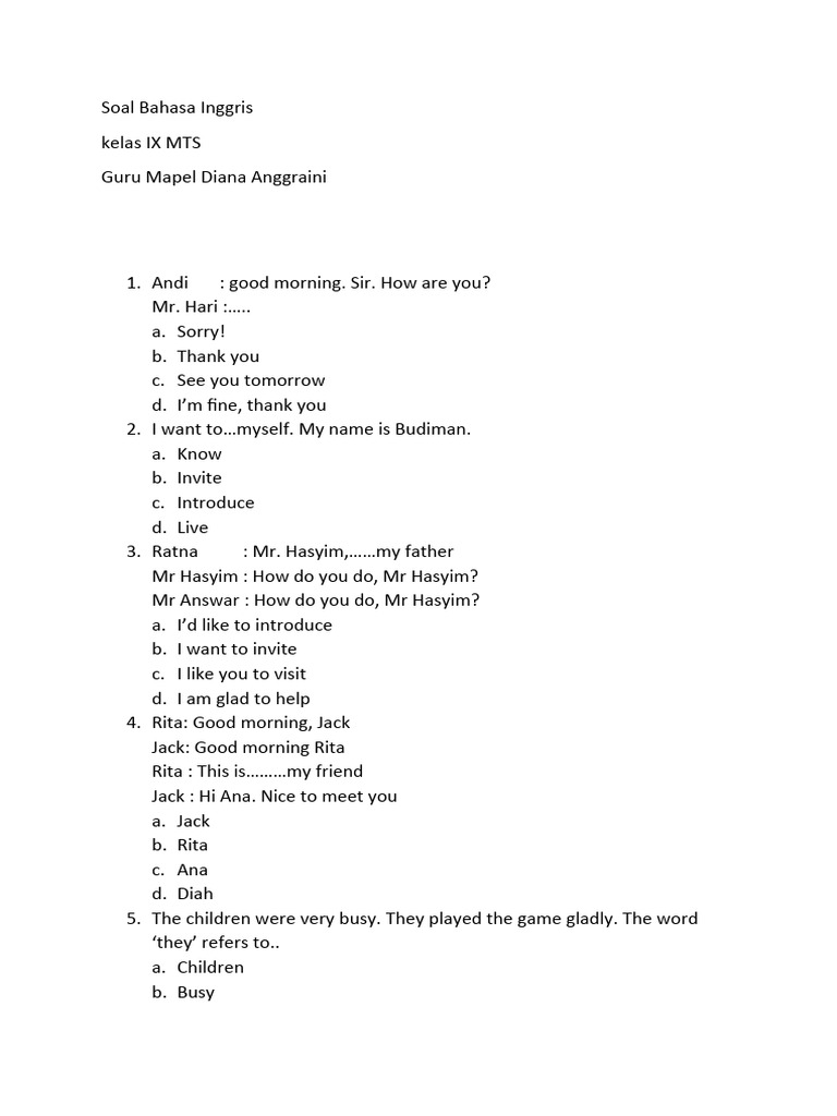 Soal Bahasa Inggris Kelas IX MTS | PDF | Cats | Pet