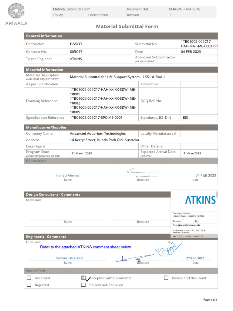 1TB01005-005C17-HAH-MAT-ME-0001-C0-Material Submittal For Life Support System LSS1 & Skid 1 ...