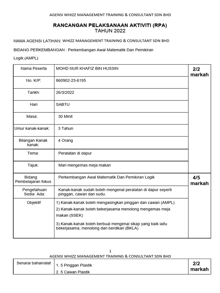 RPA Perkembangan Awal Matematik | PDF