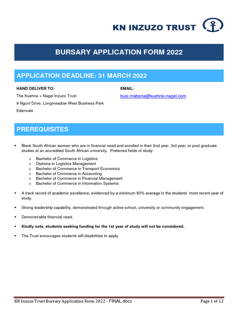 KN Inzuzo Trust Bursary Application Form 2022 - FINAL | PDF ...