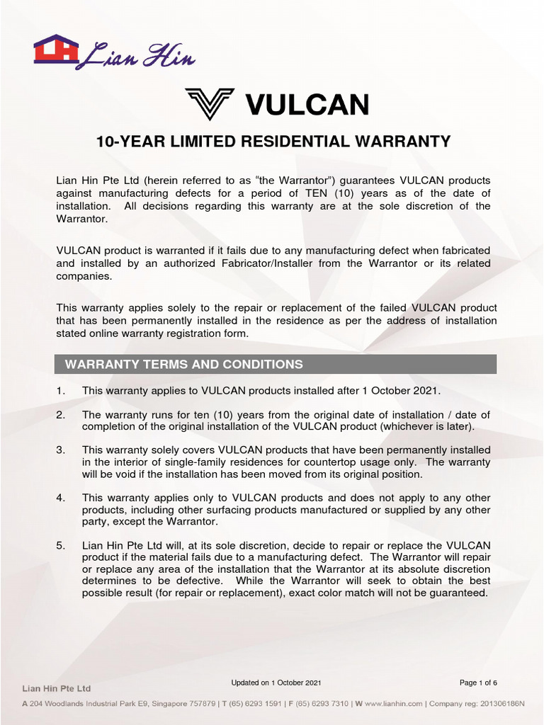 VULCAN 10-Year Warranty Details | PDF | Materials