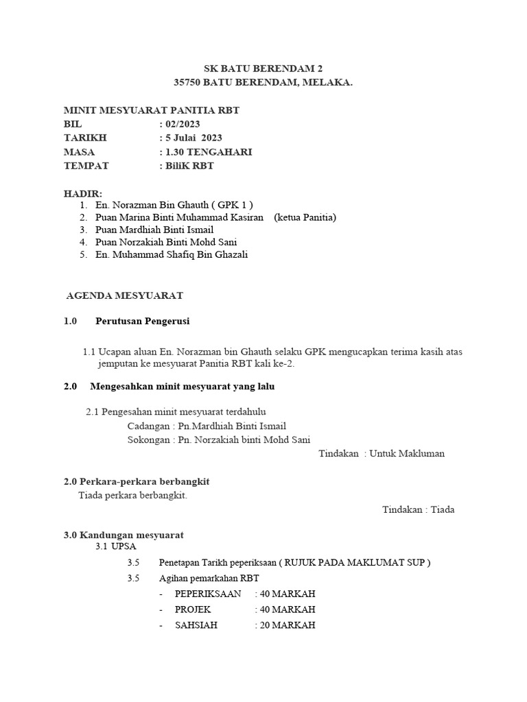 Minit Mesyuarat RBT Kali Kedua 2023 | PDF