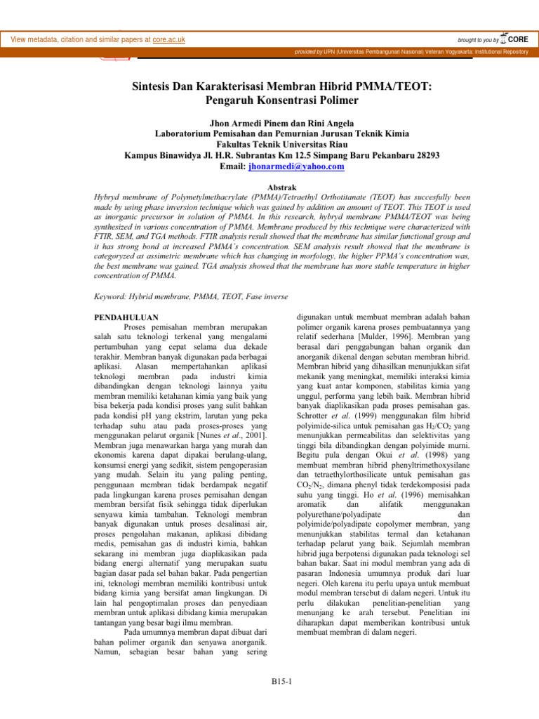 Sintesis Dan Karakterisasi Membran Hibrid PMMA/TEOT: Pengaruh ...
