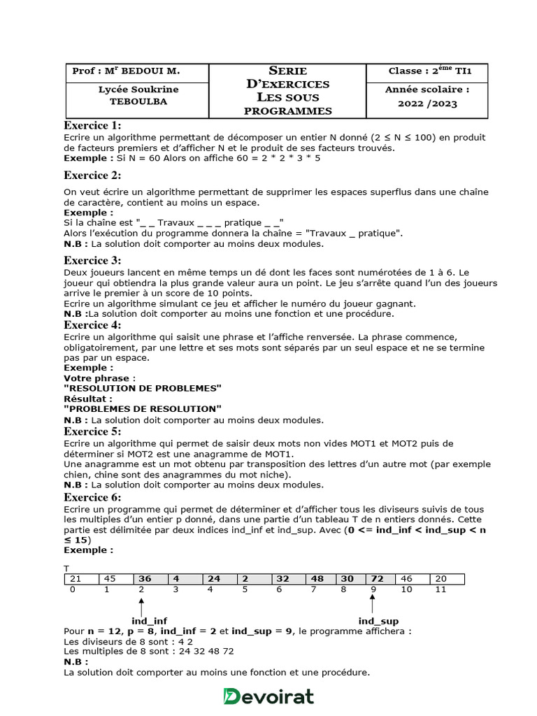 Exercices de sous-programmes 2ème info | PDF | Informatique ...