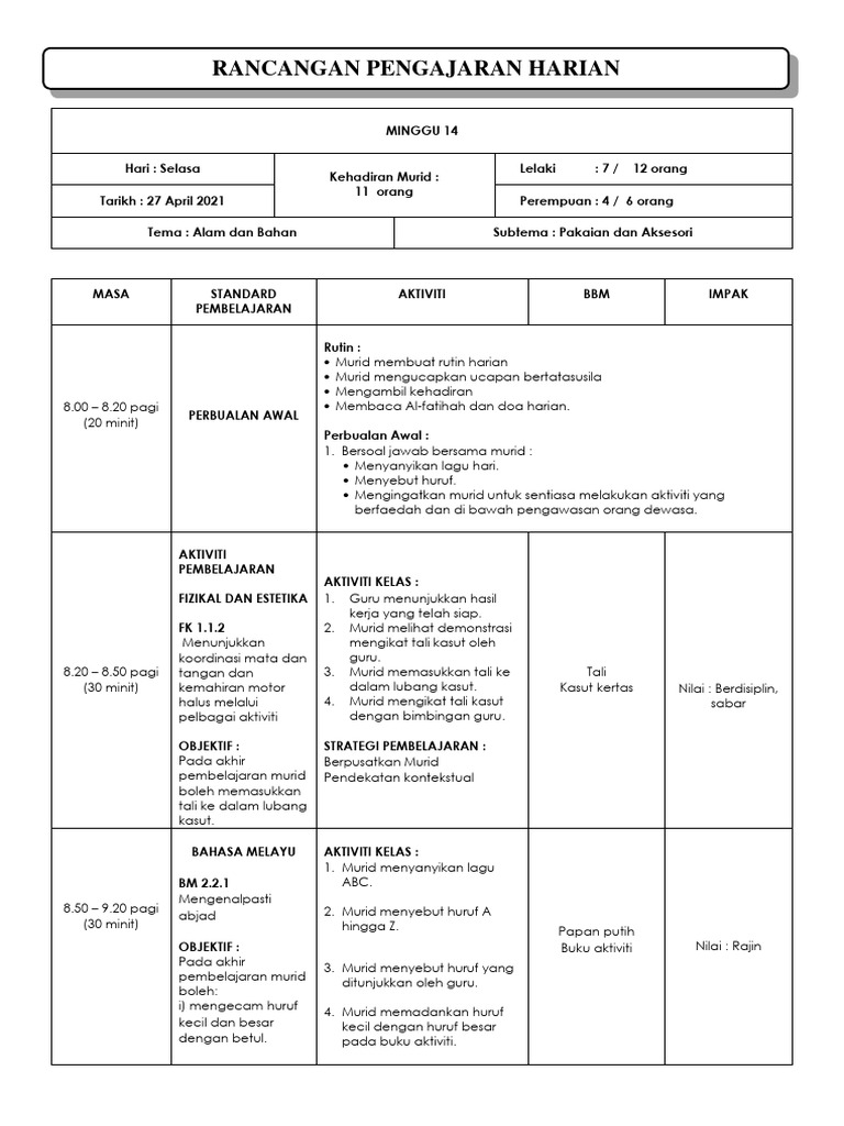 RPH Minggu 14 Pra An-Nur. | PDF