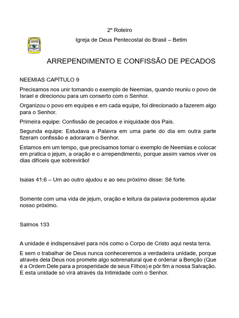 2º - Roteiro - Arrependimento e Confissão de Pecados-2 | PDF 2º - Roteiro - Arrependimento e Confissão de Pecados-2 | PDF