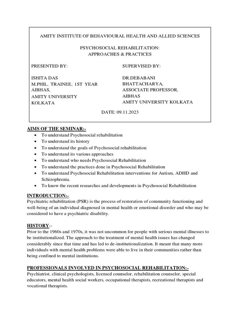 Psychosocial Rehabilitation Seminar Handout - Ishita Das | PDF ... Psychosocial Rehabilitation Seminar Handout - Ishita Das | PDF ...
