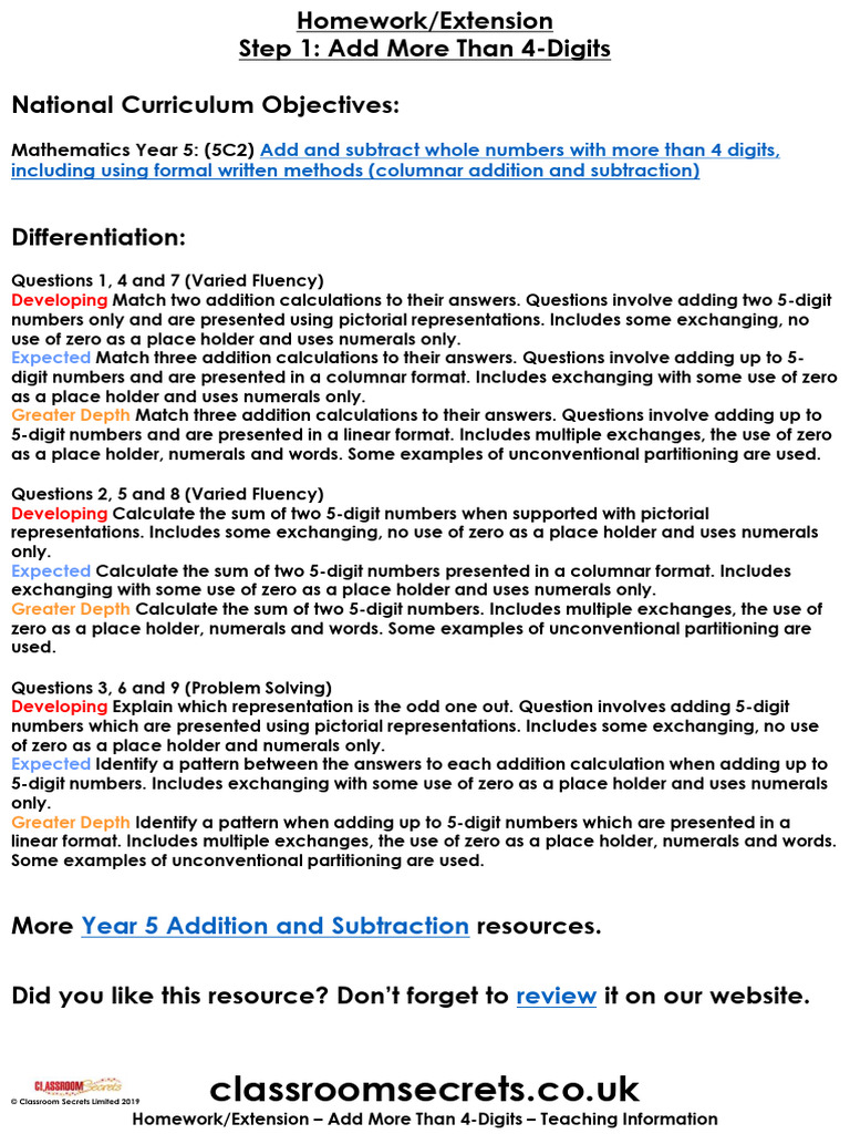 Year 5 Autumn Block 2 Step 1 HW EXT Add More Than 4 Digits | PDF ...