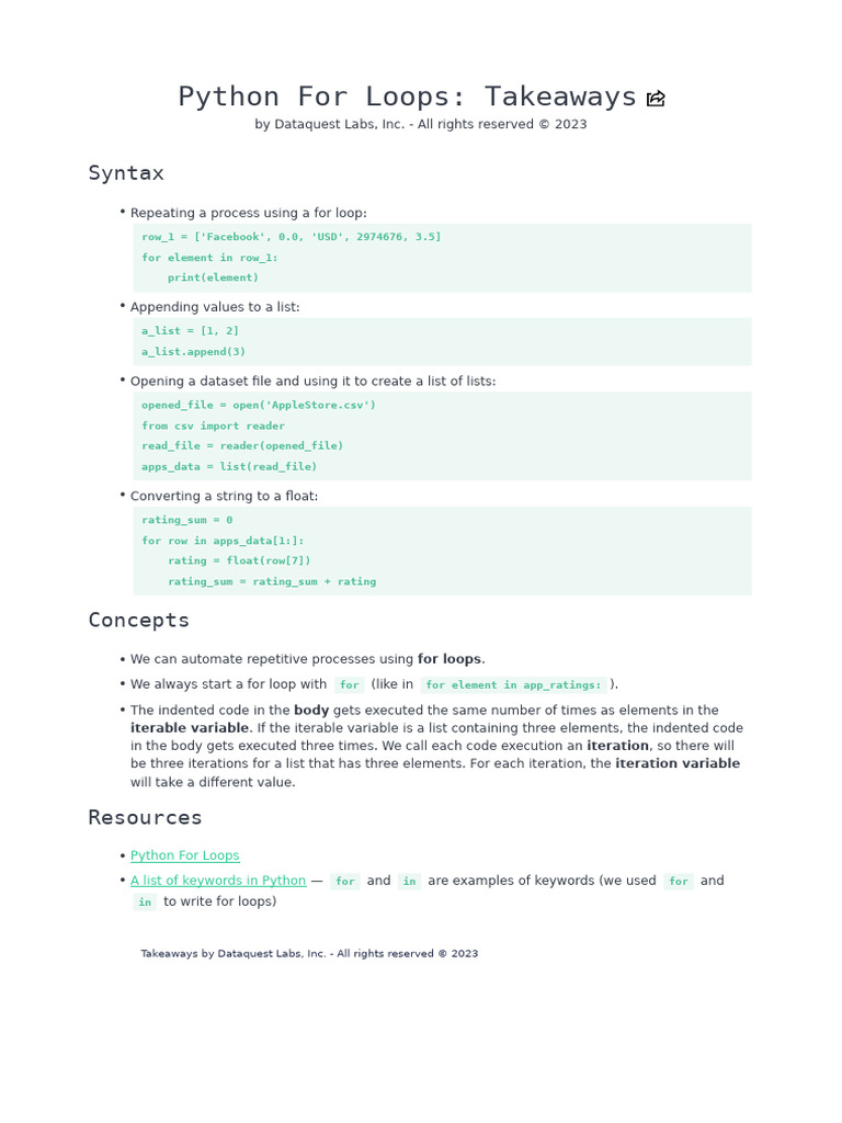 Mission 609 Python For Loops Takeaways | PDF