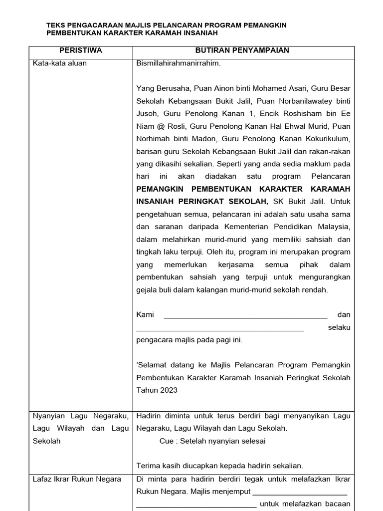 Peristiwa Butiran Penyampaian: Teks Pengacaraan Majlis Pelancaran ...