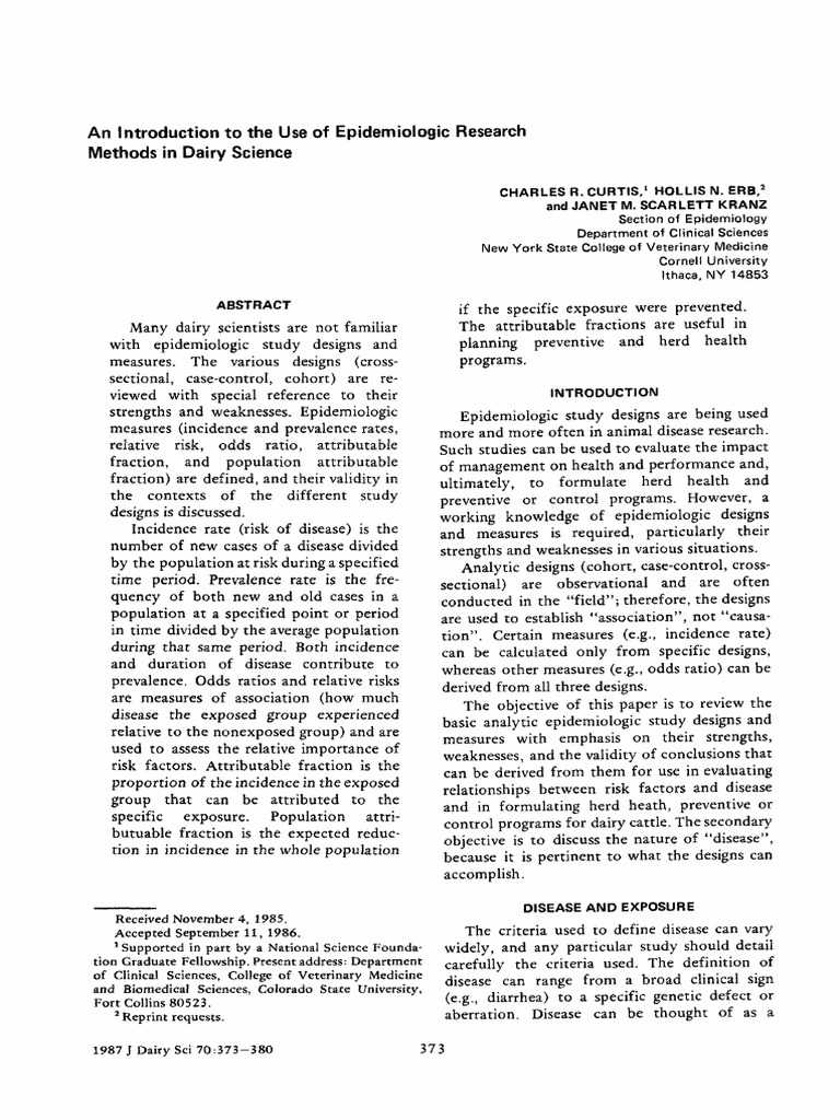 An Introduction To The Use of Epidemiologic Research Methods in Dairy ...
