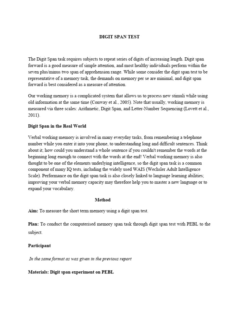 Digit Span Test | Download Free PDF | Wechsler Adult Intelligence Scale ...