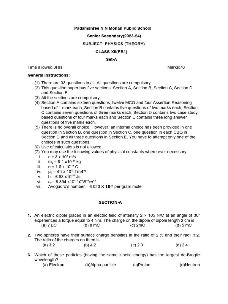 XII-Physics Set-A | PDF | P–N Junction | Optical Fiber