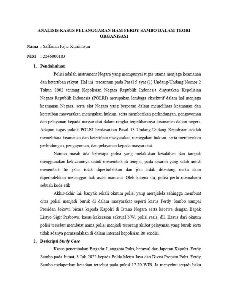 Analisis Kasus Pelanggaran Ham Ferdy Sambo Dalam Teori Organisasi | PDF | Ilmu Sosial | Fiksi ...