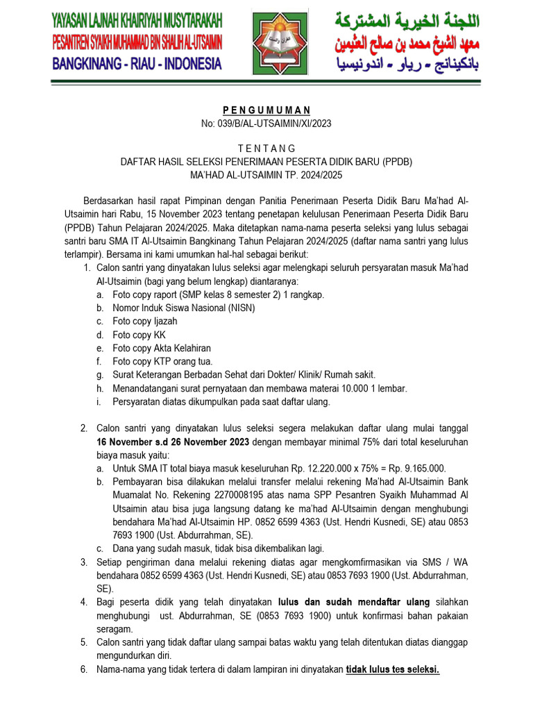 Pengumuman Kelulusan PPDB Sma It-Alutsaimin T.P 2024-2025 | PDF