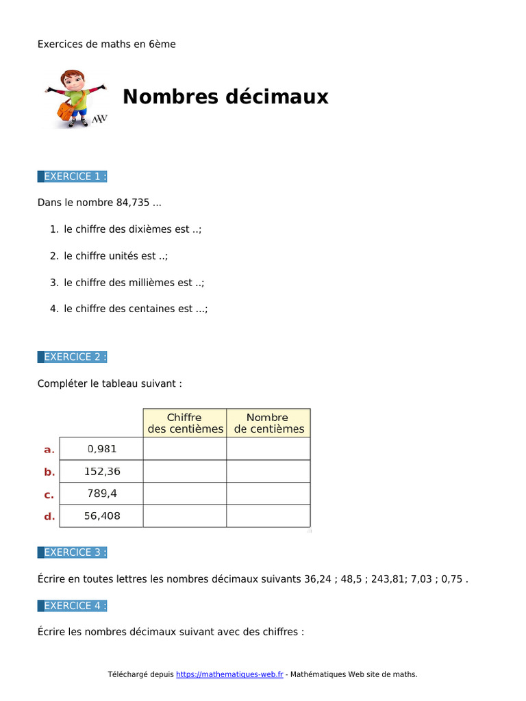 Nombres Decimaux Exercices de Maths en 6eme 550 | PDF | Notation ...