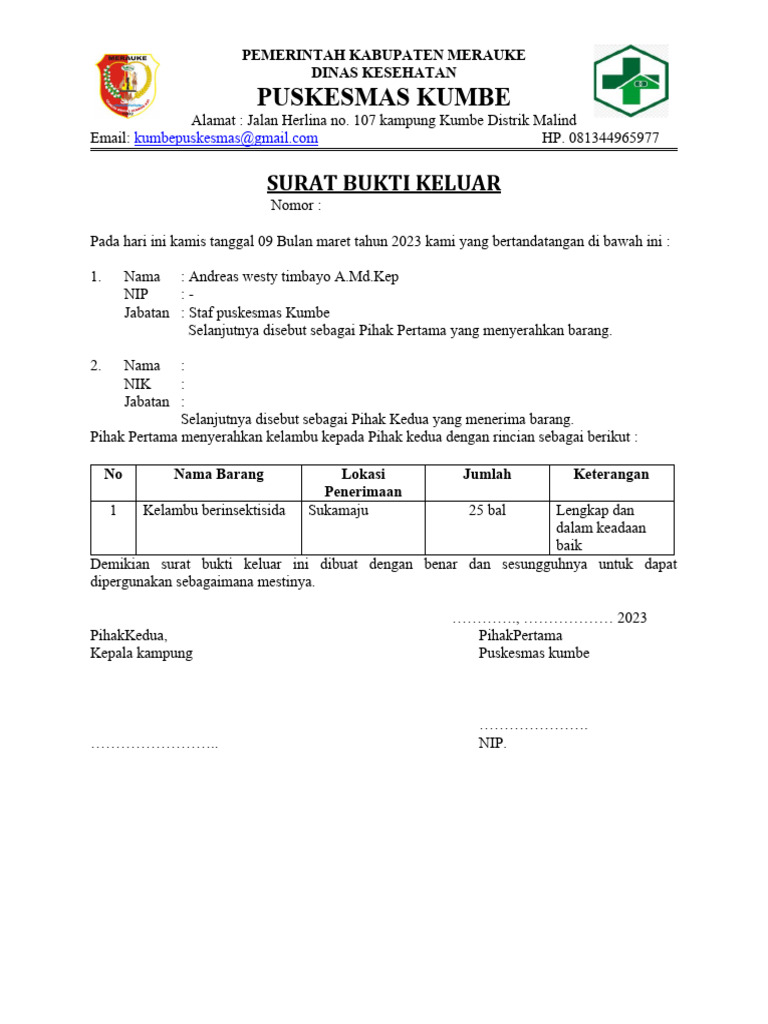 Serah Terima Kelambu Puskesmas Kumbe | PDF